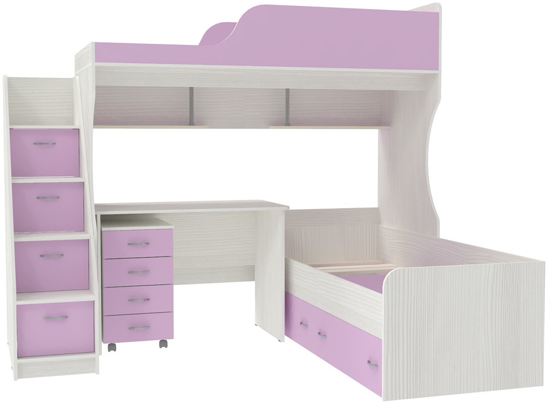 Двухъярусная кровать Дуэт-5 с лестницей комодом Белое Дерево Ирис
