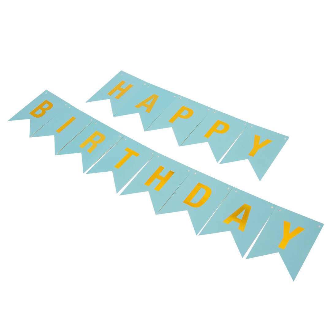 Гирлянда Флажки, Happy Birthday, Голубой/Золото, Металлик, 5