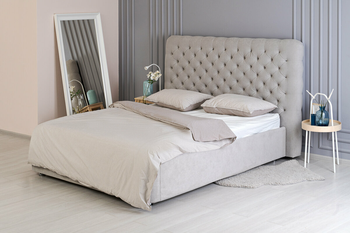 Двуспальная кровать 140х200 с подъемным механизмом, "Montana" с мягким изголовьем для дома, для спальни, ортопедическое основание, с ящиком для белья. Велюр серый Teddy 023