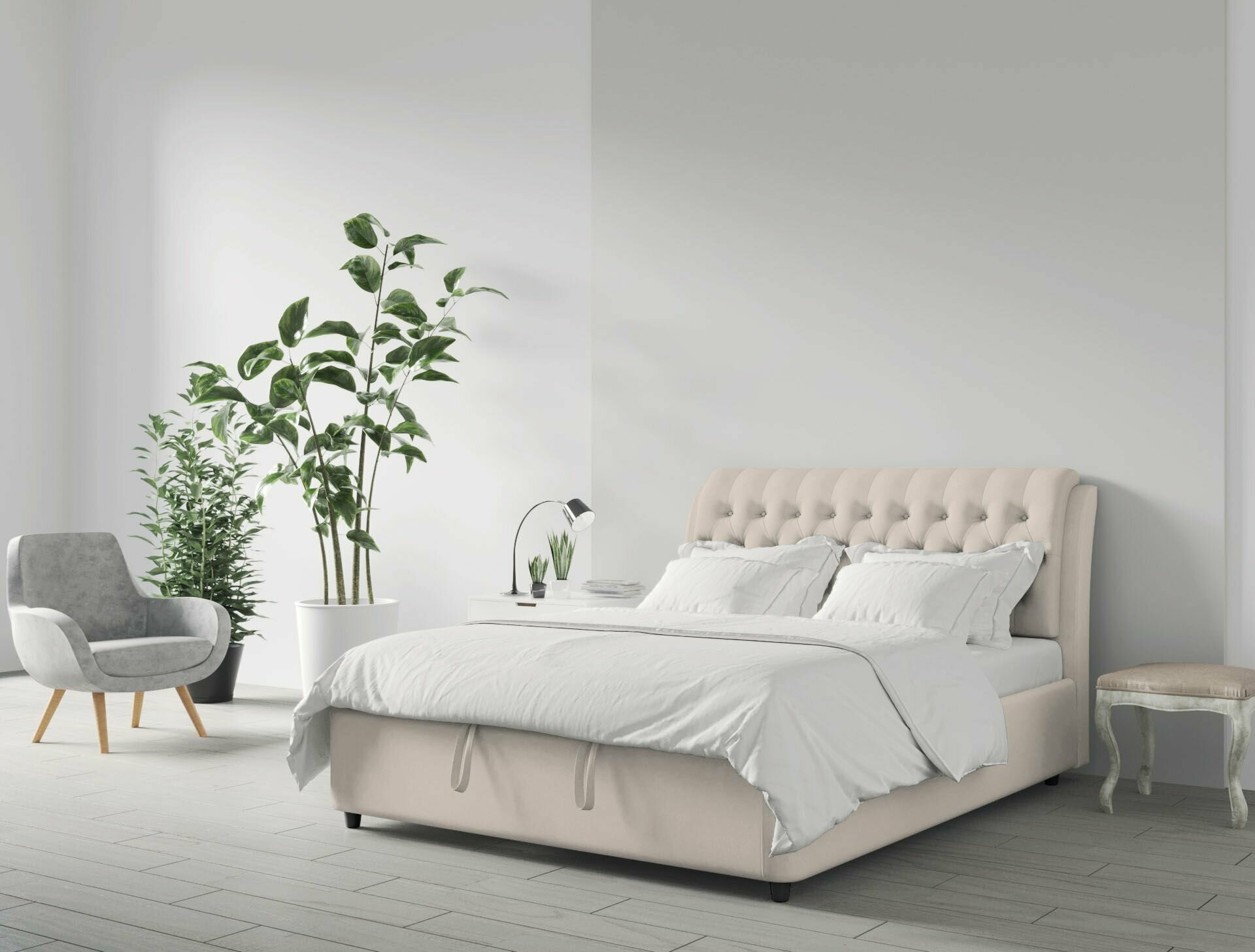 Двуспальная кровать 160х200, "Эллен 3" с мягким изголовьем для дома, для спальни, ортопедическое основание. Велюр Молочный (без подъёмного механизма)