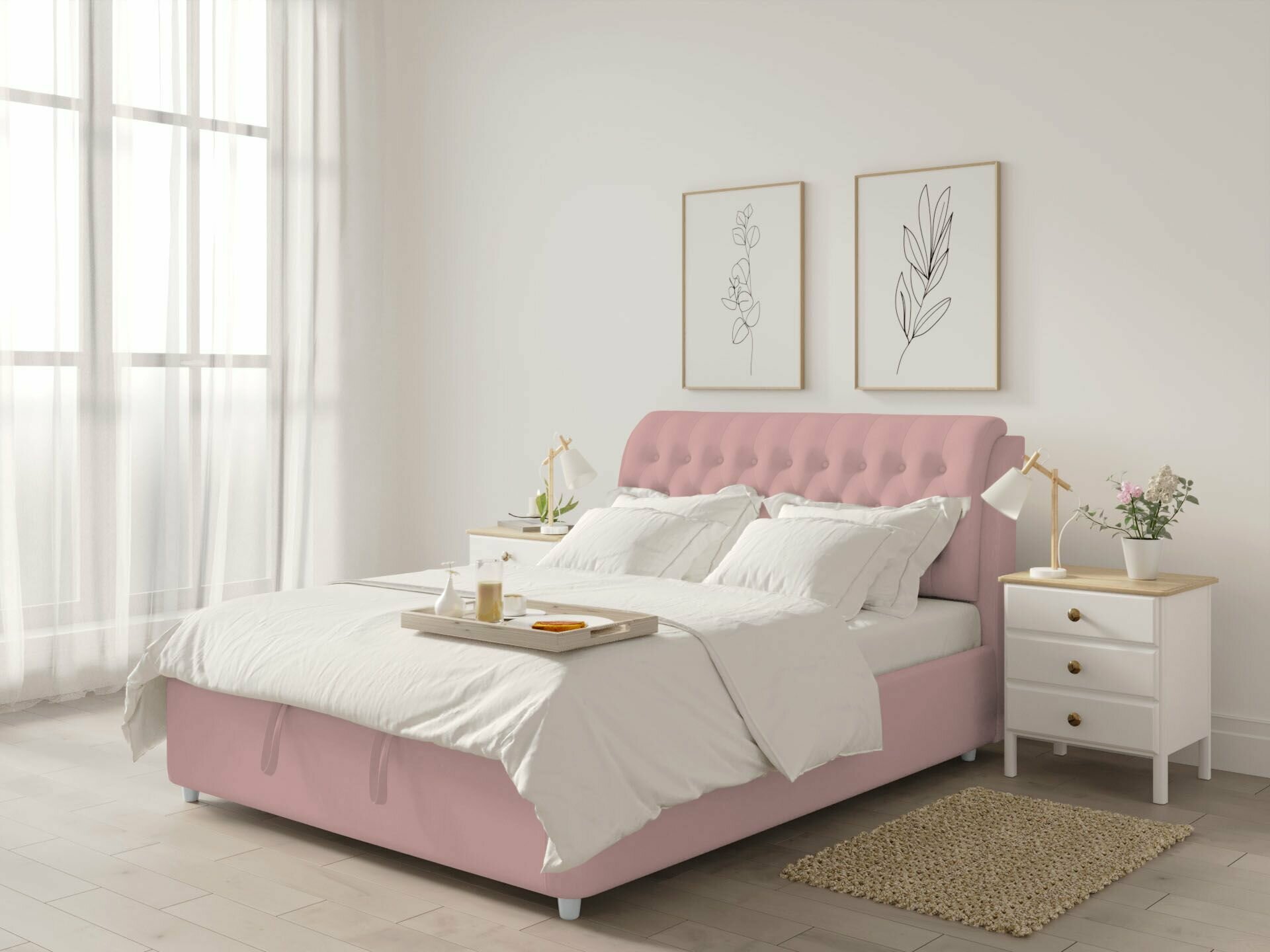 Двуспальная кровать 120х200, "Siena 2" с мягким изголовьем для дома, для спальни, ортопедическое основание. Велюр Пудровый (без подъёмного механизма) Teddy 026