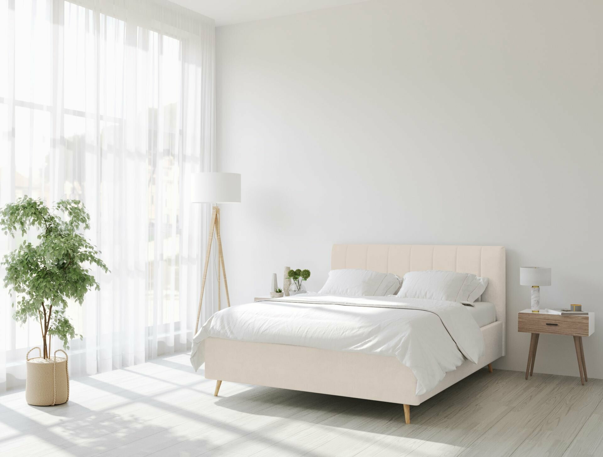 Двуспальная кровать 180х200, "York" с мягким изголовьем для дома, для спальни, ортопедическое основание. Велюр Молочный (без подъёмного механизма) Teddy 004