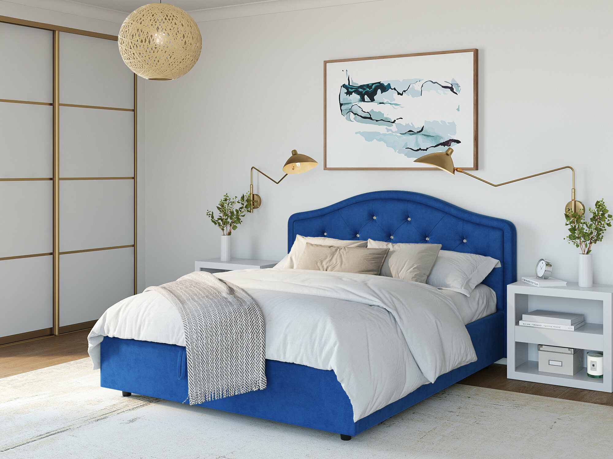 Двуспальная кровать 120х200 с подъемным механизмом, "Kristall 4" с мягким изголовьем для дома, для спальни, ортопедическое основание, с ящиком для белья. Велюр синий Vip 10