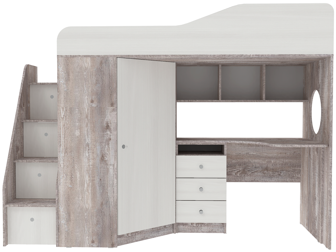 Кровать чердак Кадет 1 с универсальной лестницей Бетон Белое Дерево