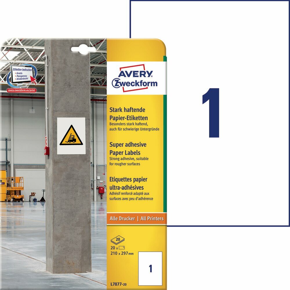 Самоклеящиеся суперстойкие этикетки Avery Zweckform [L7877-20] (бумажные, 210х297 мм, 20 шт, 20 листов)
