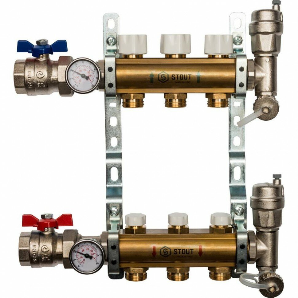Коллектор из латуни с запорными клапанами 3 вых. Stout (SMB 0468 000003)