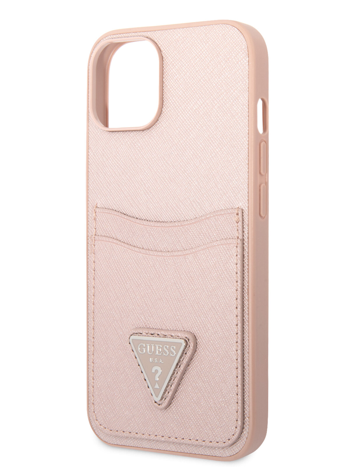 Guess для iPhone 14 чехол PU Saffiano Double cardslot w Metal triangle logo Hard Pink