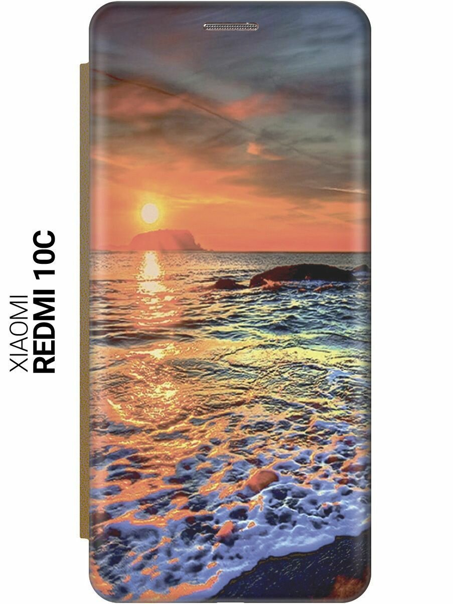 Чехол-книжка на Xiaomi Redmi 10C, Сяоми Редми 10С c принтом "Закат на море" золотистый