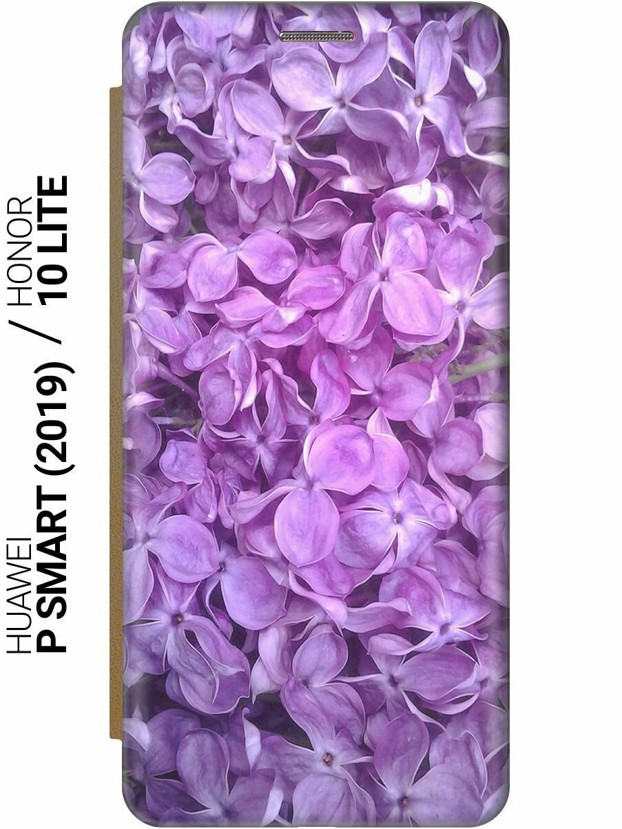 Чехол-книжка на Honor 10 Lite, Huawei P Smart (2019), Хуавей П Смарт (2019), Хонор 10 Лайт c принтом "Цветы сирени" золотистый