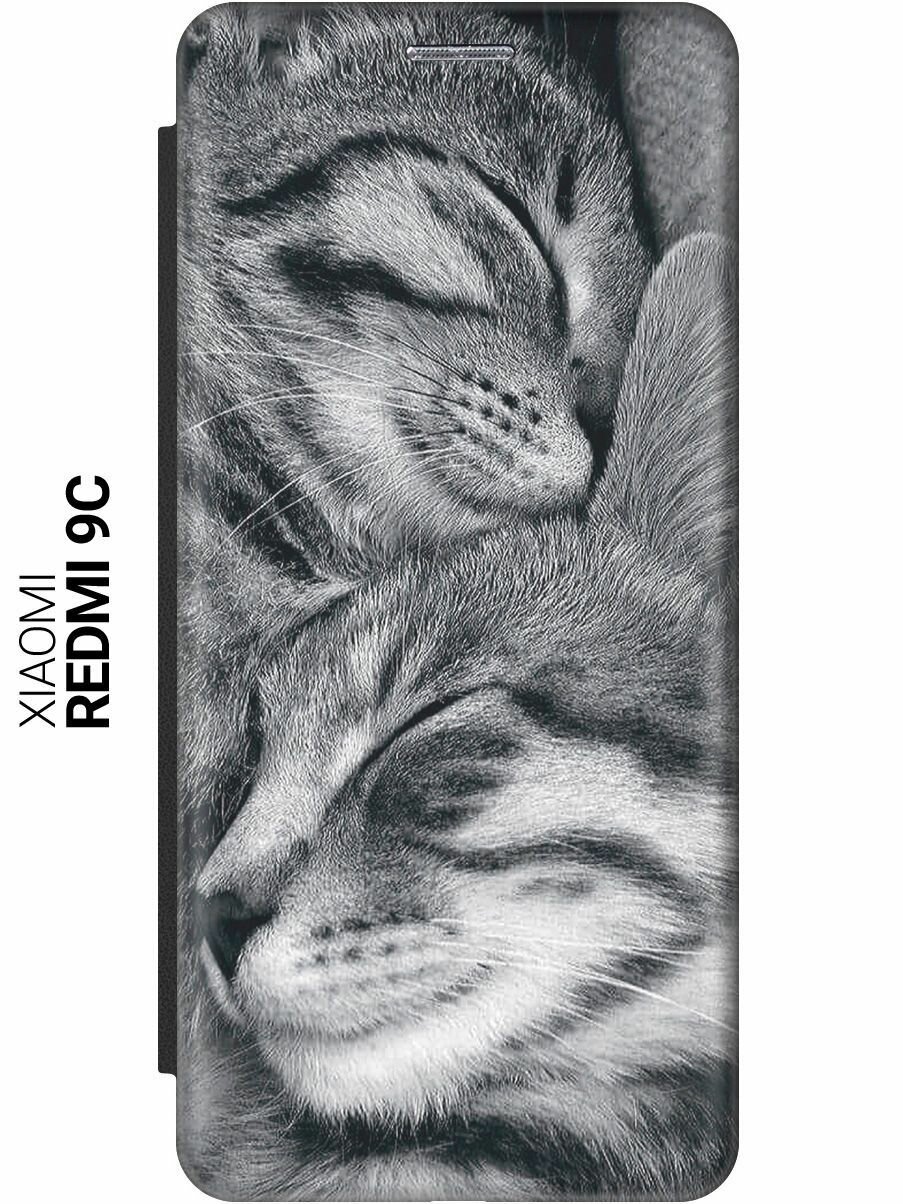 Чехол-книжка на Xiaomi Redmi 9C, Сяоми Редми 9С c принтом "Милующиеся котики" черный