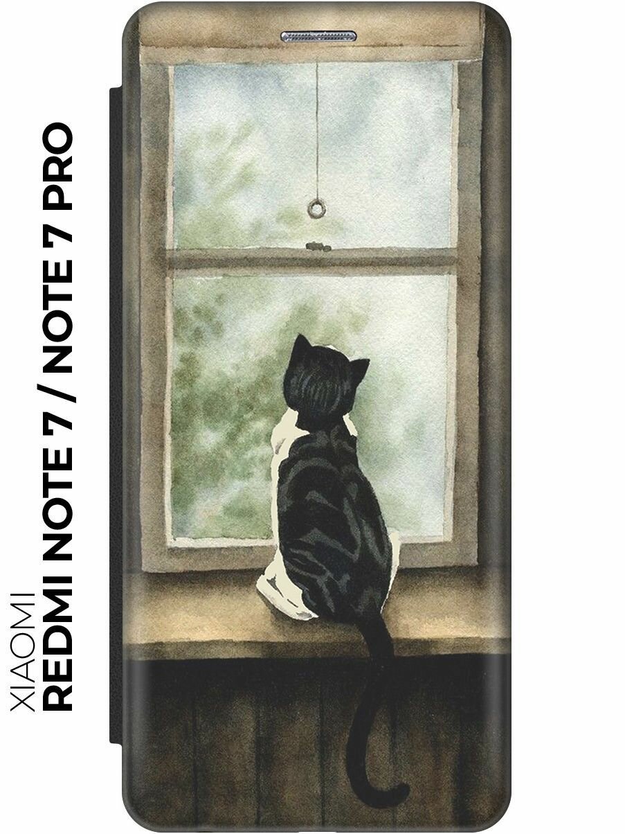 Чехол-книжка Кот у окна на Xiaomi Redmi Note 7 / Note 7 Pro / Сяоми Редми Ноут 7 / Ноут 7 Про черный