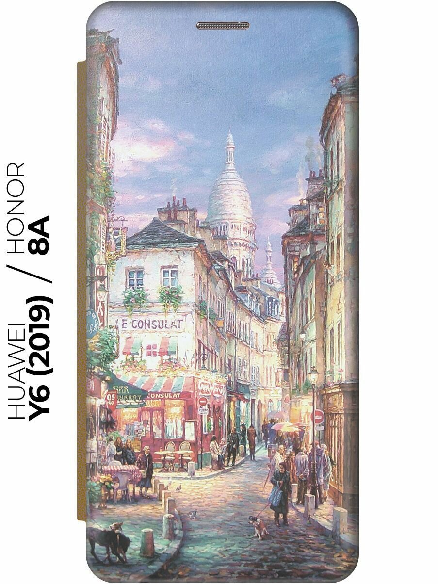 Чехол-книжка Пейзаж Монмартра на Honor 8A / 8A Pro / Huawei Y6 (2019) / Y6 Prime (2019) / Хонор 8а / 8а Про / Хуавей У6 2019 / У6 Прайм 2019 золотой