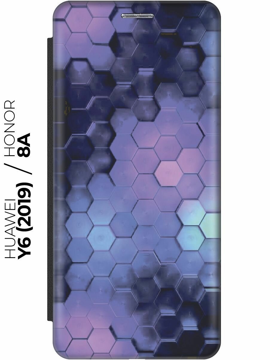 Чехол-книжка Сиреневые соты на Honor 8A / 8A Pro / Huawei Y6 (2019) / Y6 Prime (2019) / Хонор 8а / 8а Про / Хуавей У6 2019 / У6 Прайм 2019 черный