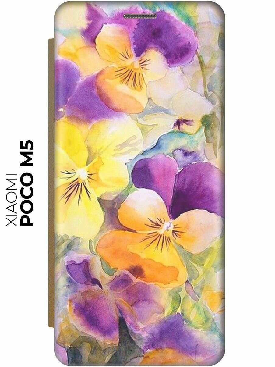 Чехол-книжка Сиреневые и желтые цветы на Xiaomi Poco M5 / Сяоми Поко М5 золотой
