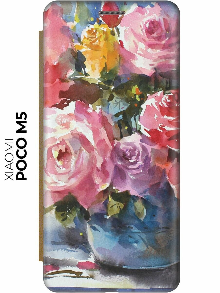Чехол-книжка Акварельный букет цветов на Xiaomi Poco M5 / Сяоми Поко М5 золотой