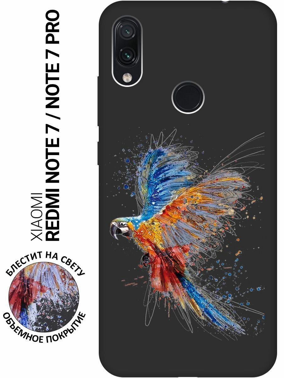 Матовый Soft Touch силиконовый чехол на Xiaomi Redmi Note 7, Note 7 Pro, Сяоми Редми Ноут 7, Ноут 7 Про с 3D принтом "Colorful Parrot" черный