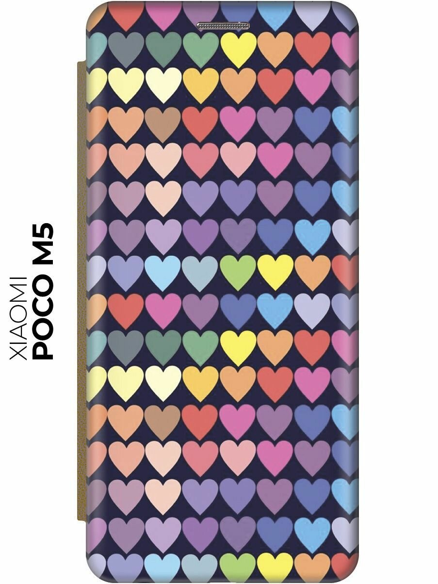 Чехол-книжка Паттерн из сердечек на Xiaomi Poco M5 / Сяоми Поко М5 золотой