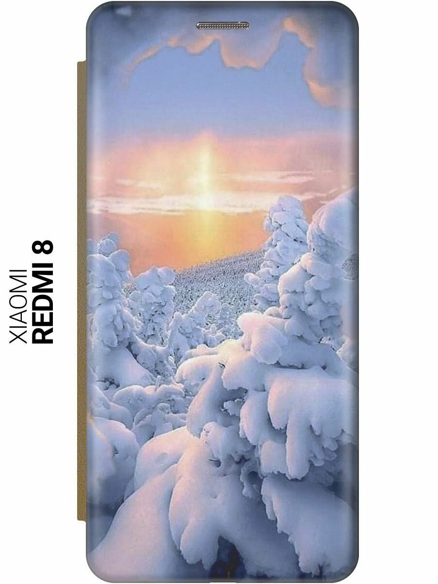 Чехол-книжка на Xiaomi Redmi 8, Сяоми Редми 8 c принтом "Заснеженный лес" золотистый