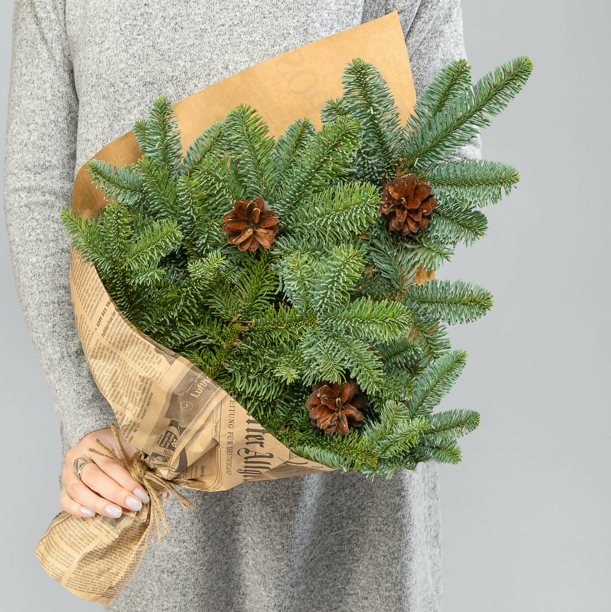 Новогодний букет Мегацвет24 "Нобилис", ветка ели с шишками в дизайнерской упаковке