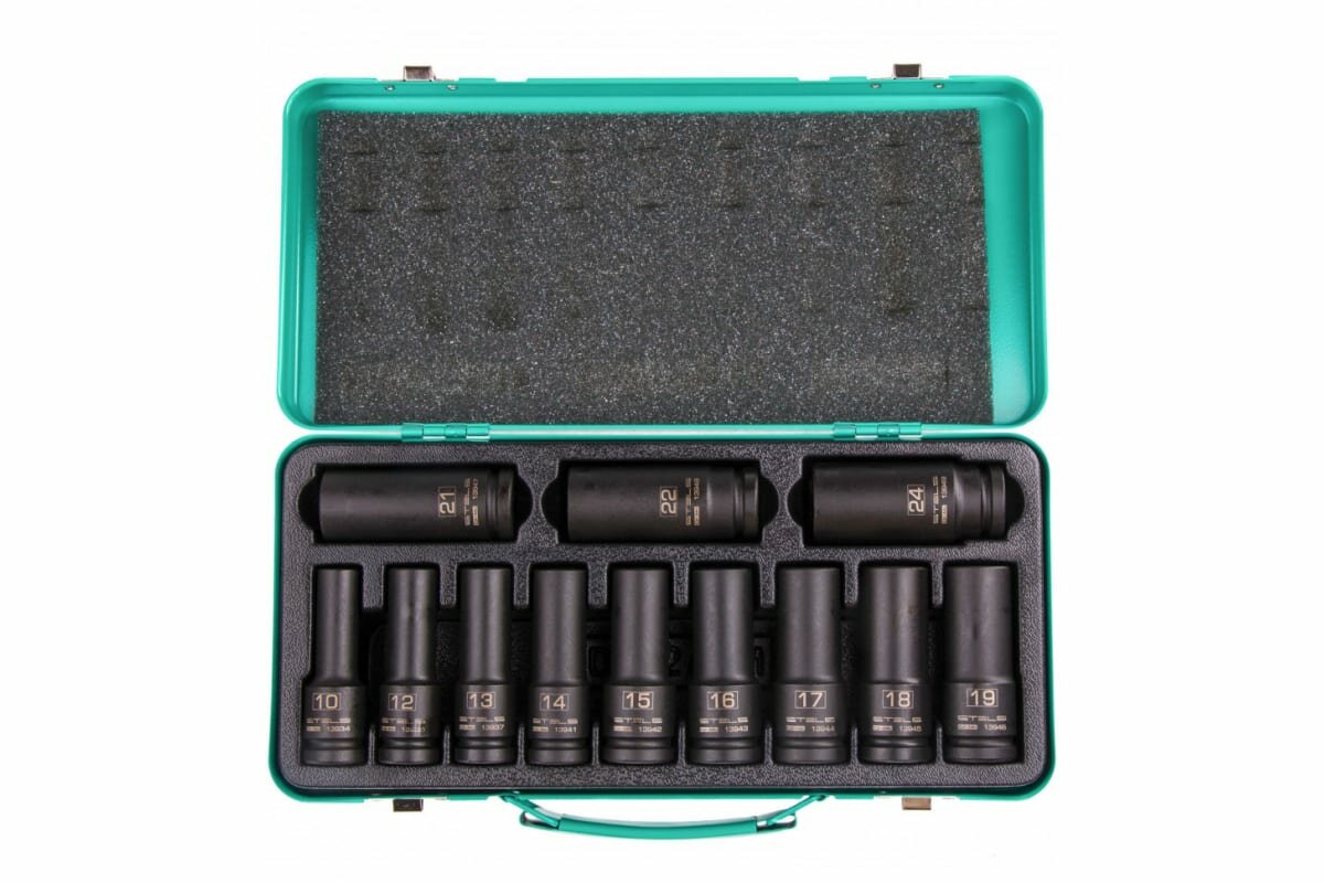 Набор ударных глубоких шестигранных торцевых головок 1/2", 10-24 мм, в кейсе, 12 шт. STELS 13998