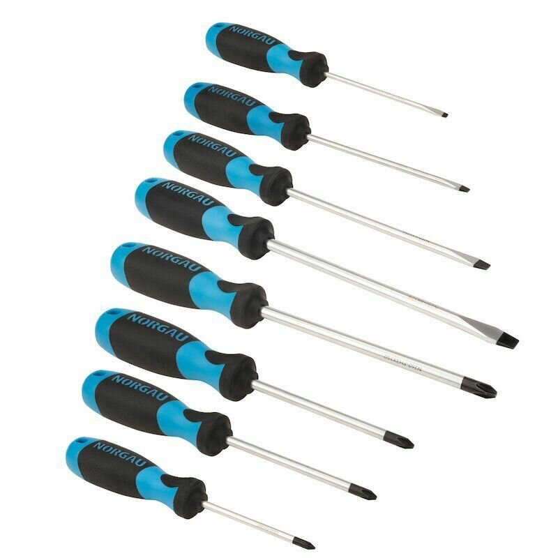 Набор отверток NORGAU Industrial со специальной патентованной рукояткой и намагниченным наконечником, SL, PH, PZ - 8 шт, CrV.