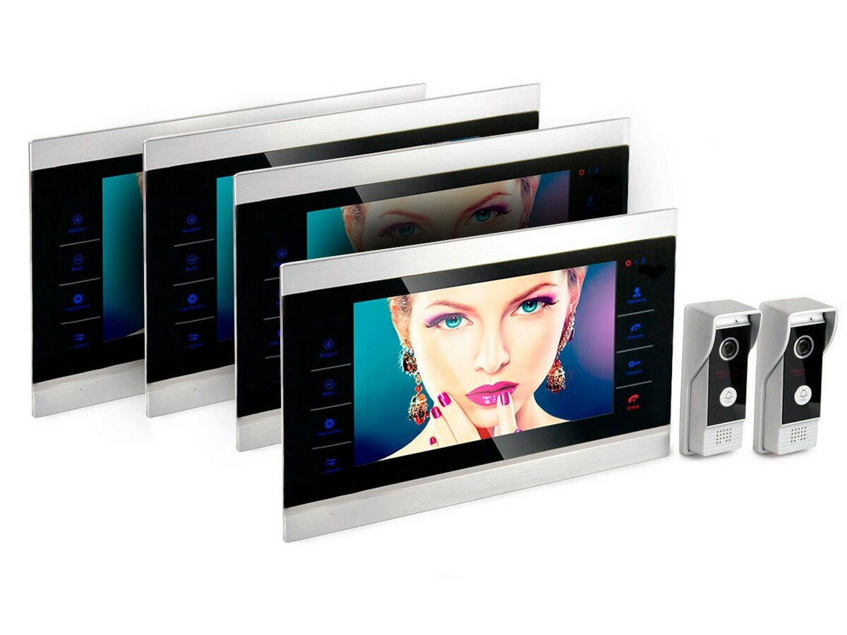 Комплект четыре монитора HDcom S-104 ДВЕ антивандальные панели вызова. Запись видео на SD карту по датчику