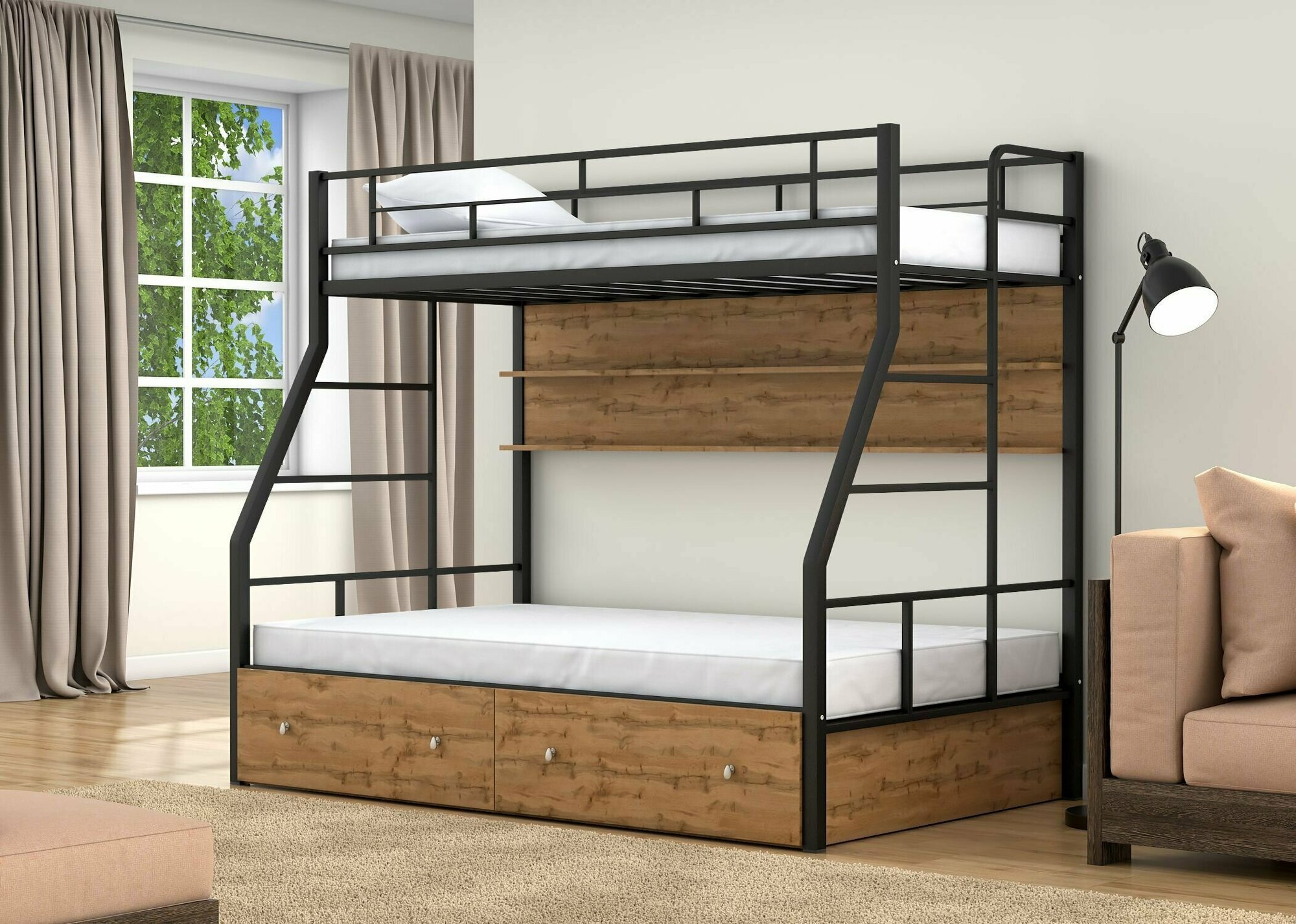 Двухъярусная кровать Раута Твист Черный ящики полка дуб крафт табак