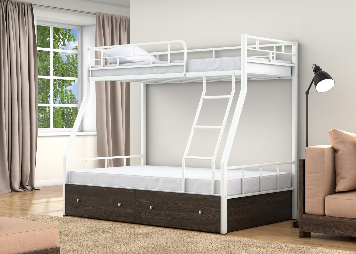 Двухъярусная кровать Раута Белая с двумя выкатными ящиками Венге
