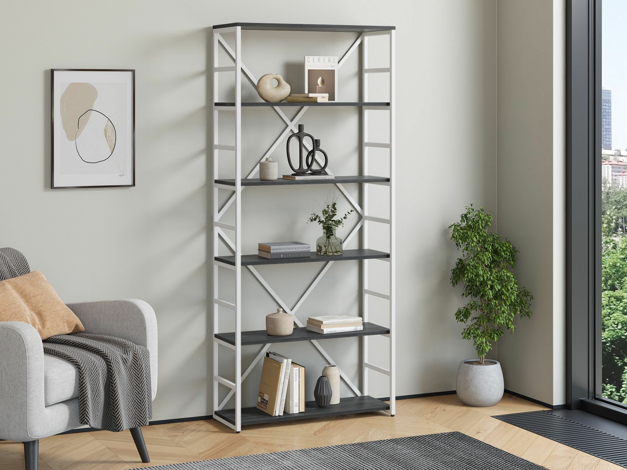 Стеллаж Айсберг Лофт 80/6-2 / Белый/ с полками северное дерево темное/ Для дачи/ для дома/ для книг/ в офис