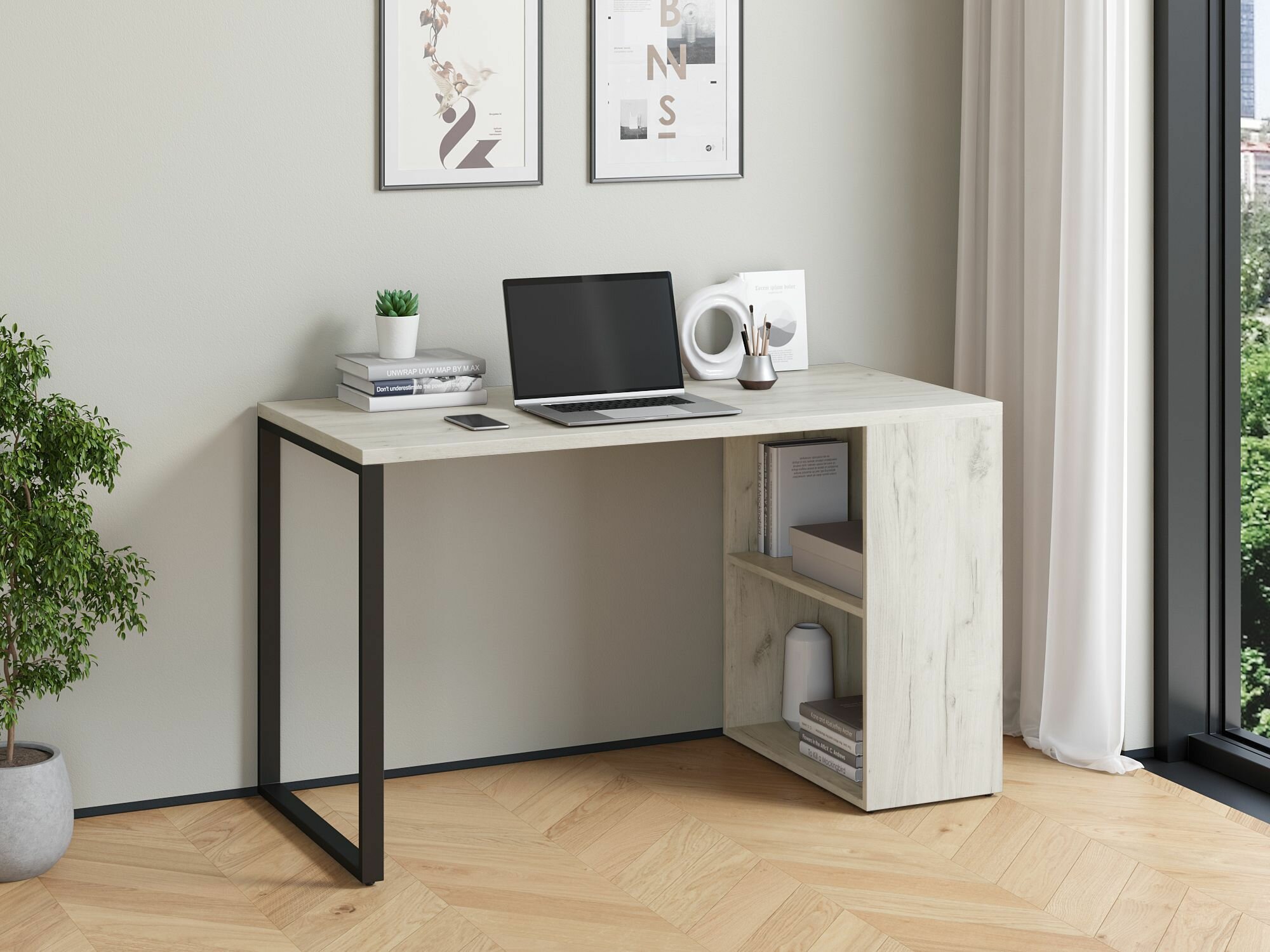 Стол учебный Айсберг Лофт Черный с полками и нишей дуб крафт белый