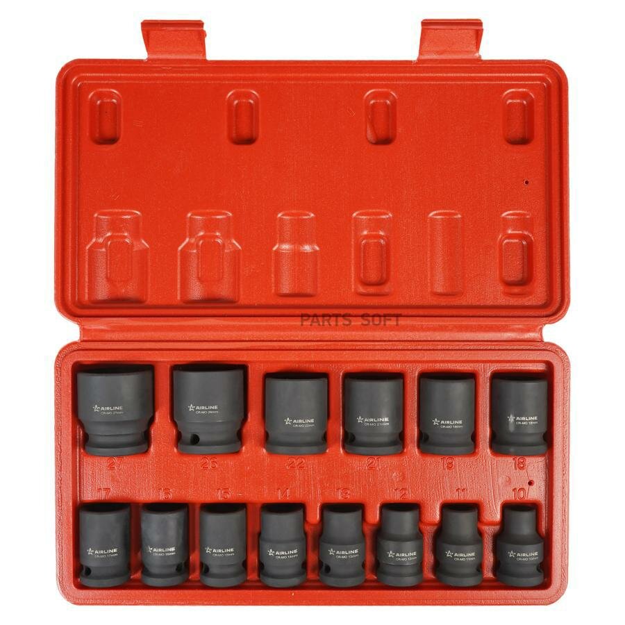 AIRLINE ATAS071 Набор головок ударных 1/2"DR L=38мм, 14пр. (10-27мм) пласт. кейс. ()