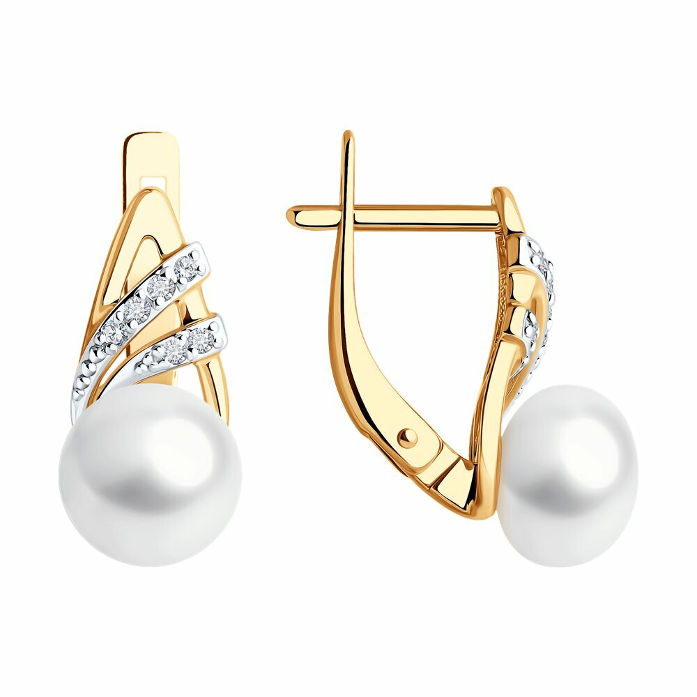 Серьги, красное золото, 585 проба, жемчуг пресноводный культивированный, фианит