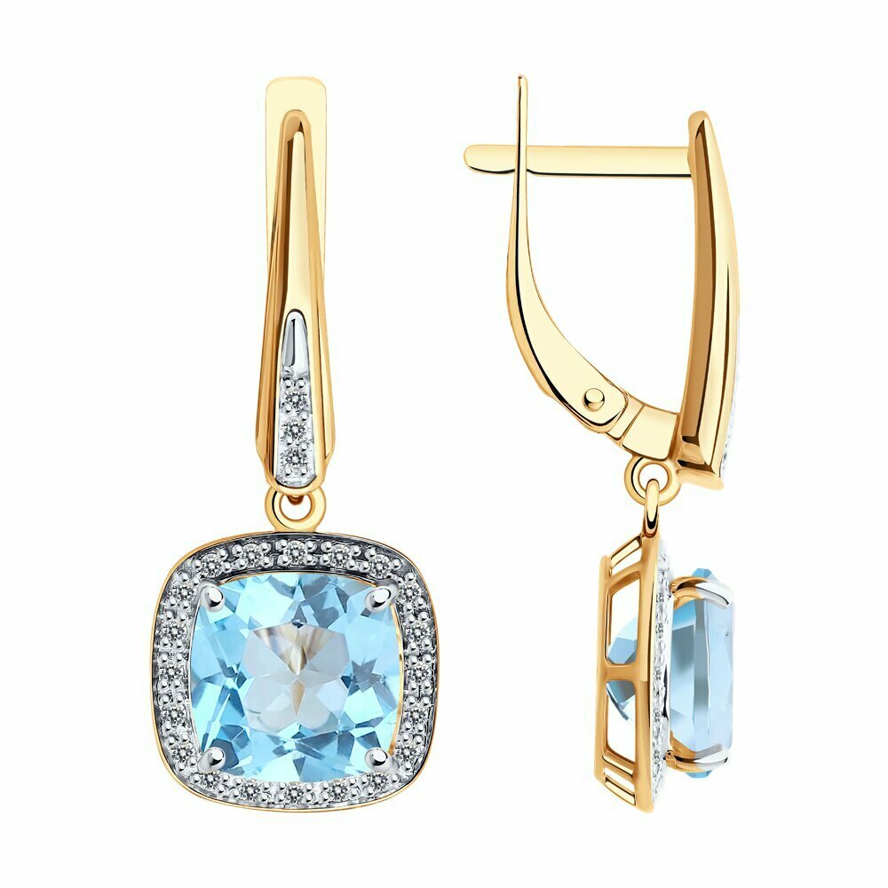 Серьги с подвесками, красное золото, 585 проба, топаз, бриллиант