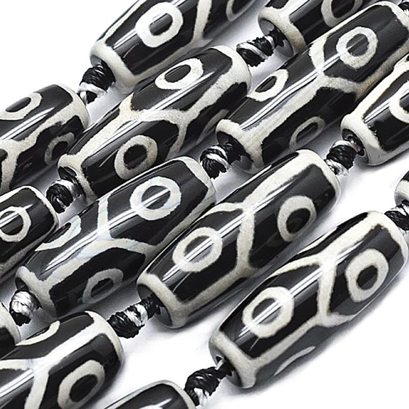 Бусина Дзи натуральный камень Агат черный с белым 6-глазая 0010831 цилиндр 30x12 мм, цена за 1 шт.