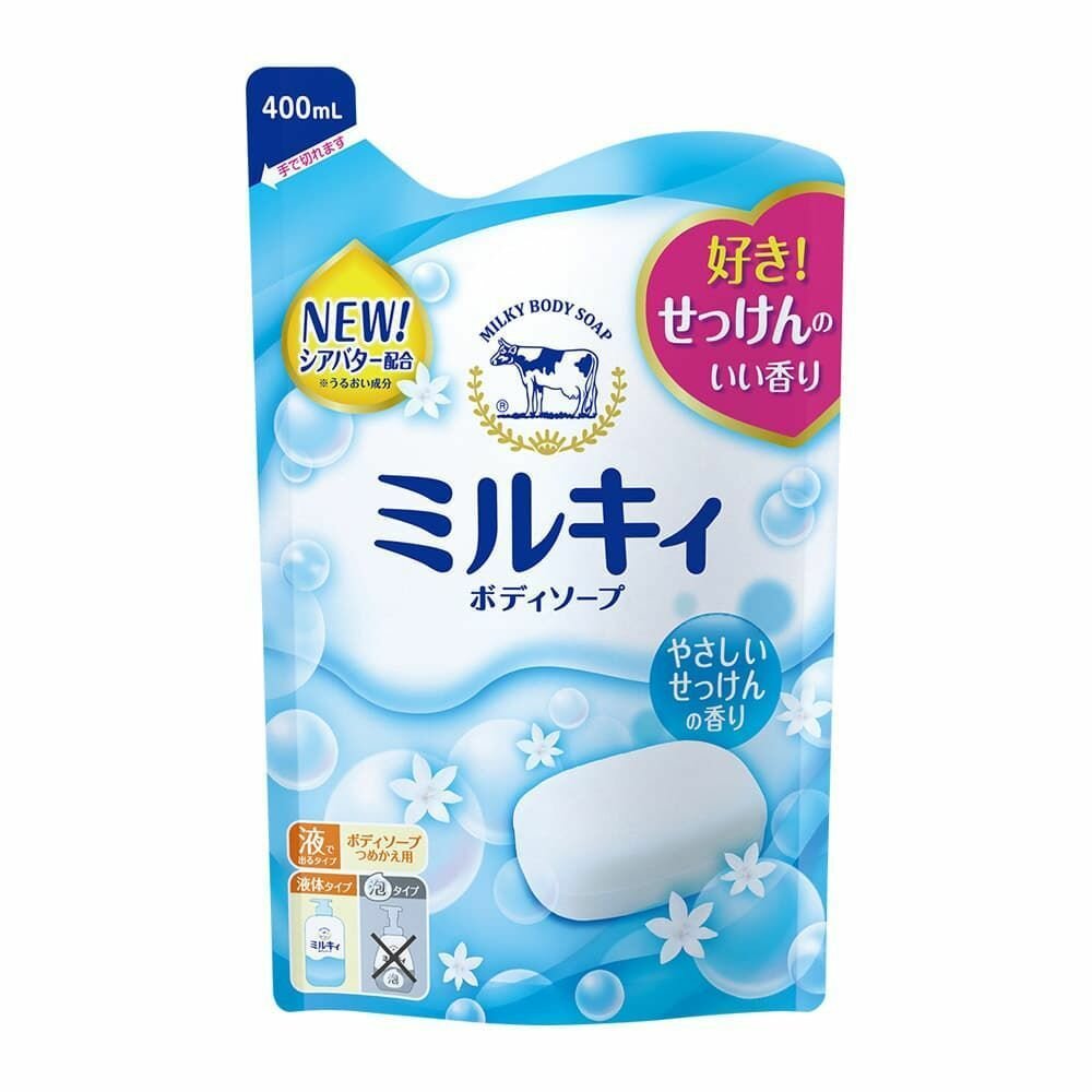 Cow Brand Milky body Soap Жидкое мыло для тела с керамидами и молочными протеинами аромат цветочного мыла 360 мл запасной блок