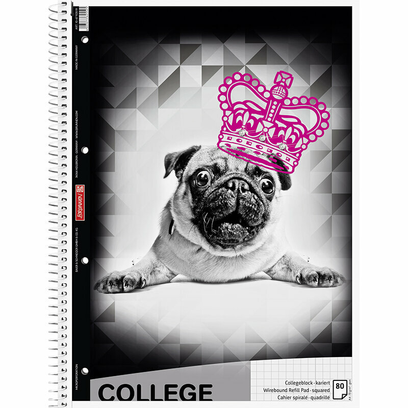 Тетрадь в клетку на пружине А4 Колледж "Cобачка мопс", микроперфорация, 70 гр/м2, 80 листов, Brunnen (пр-во Германия)