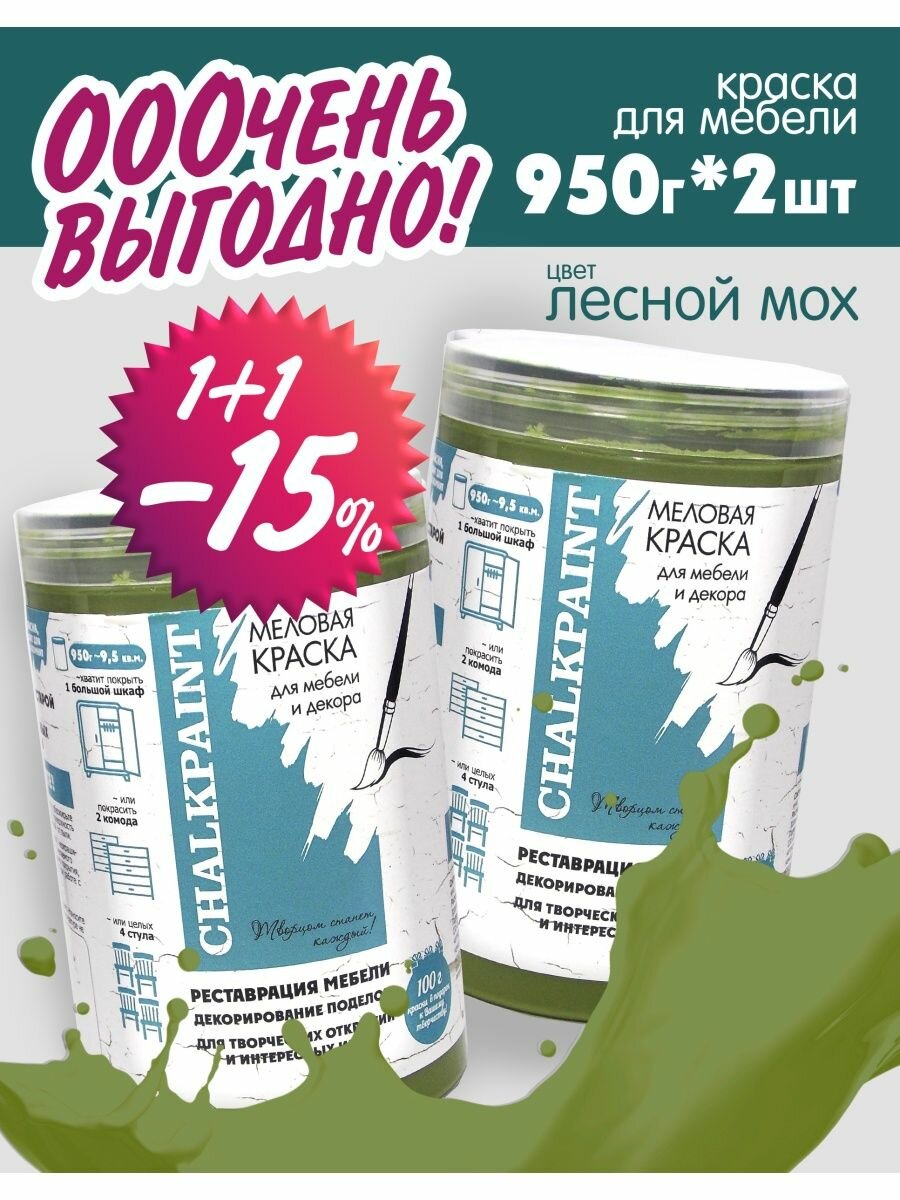 Краска меловая для мебели Chalky Paint, лесной мох, 950 г, набор 2 шт