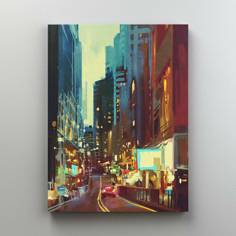 Интерьерная картина на холсте "Вечерний город - центральная улица" размер 22x30 см
