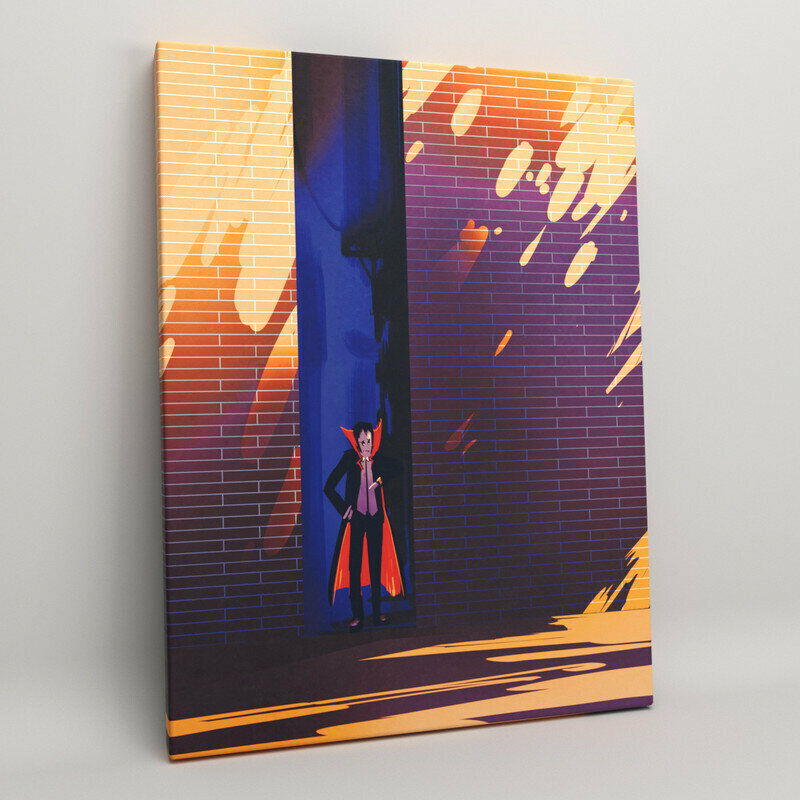 Картина на холсте (интерьерный постер) "Дракула в темном переулке", с деревянным подрамником, размер 22x30 см