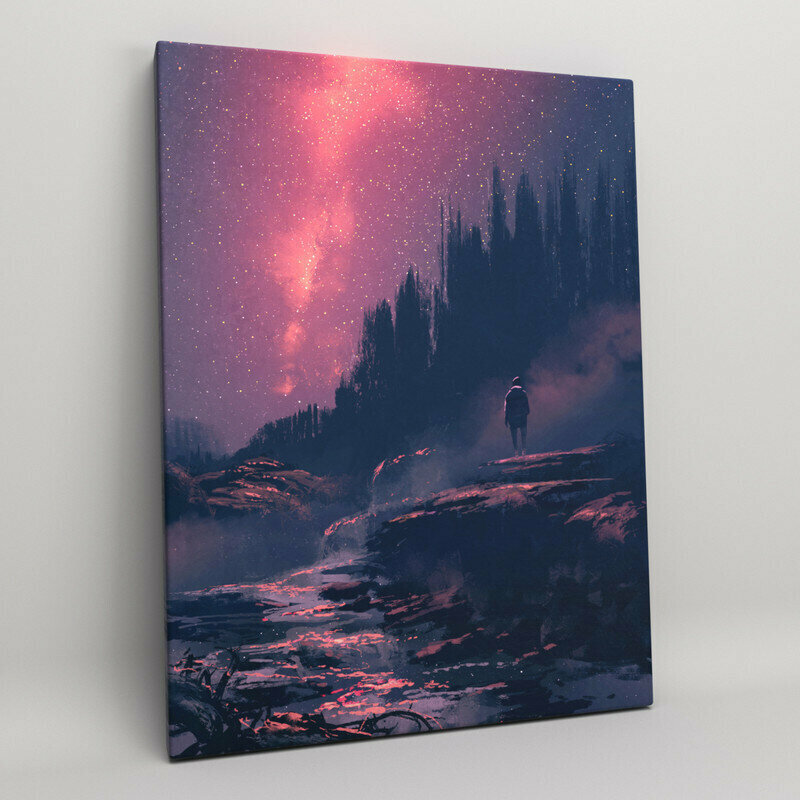 Картина на холсте (интерьерный постер) "Сияние красного млечного пути", с деревянным подрамником, размер 22x30 см