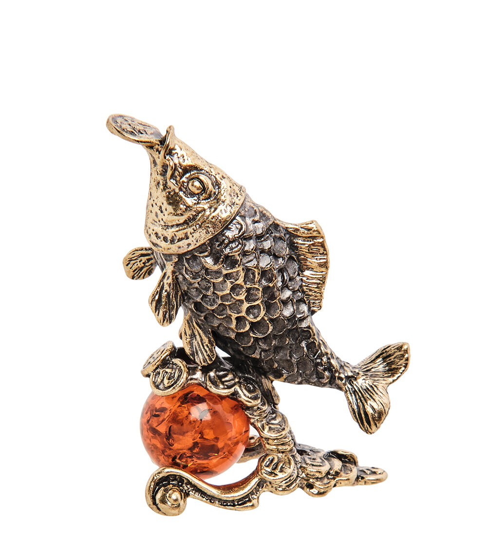 Фигурка 'Рыбка на шарике Фен-шуй' (латунь, янтарь)