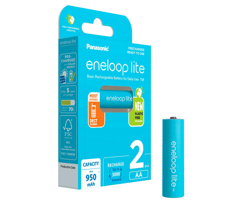 Аккумуляторы Panasonic Eneloop, Ni-MH, AA, 950mAh, 3000 перезарядок, 2шт