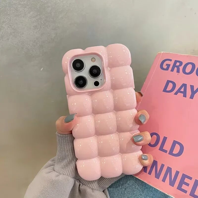 Милый мультяшный 3D-чехол с решеткой для iPhone 15, 14, 13, 16 Розовый, Розовый, Pink, For iPhone 14