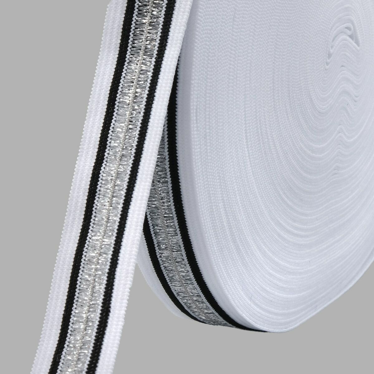 Тесьма эластичная лампасная 20мм*25м (белый/серебро)