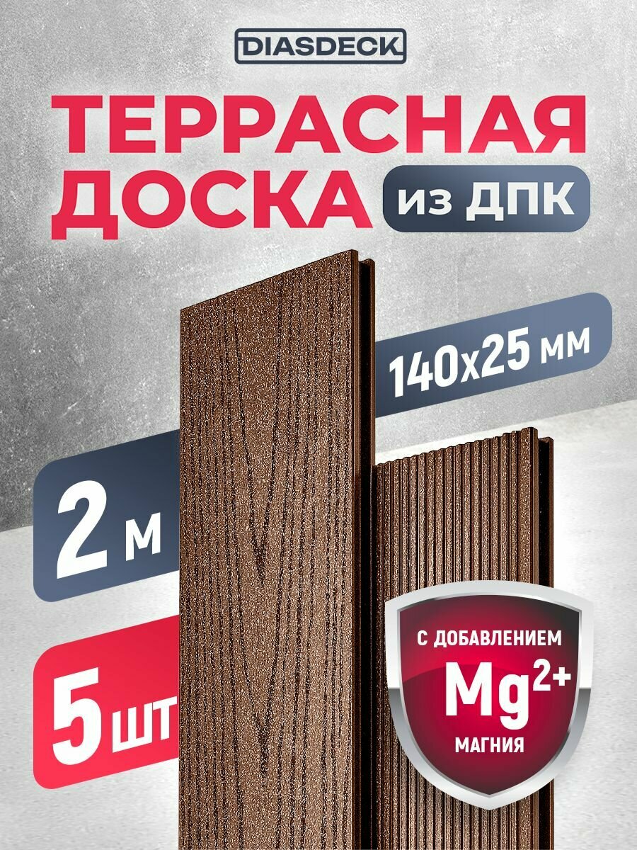 Террасная доска DIASDECK из ДПК 140х25мм длина 2,0 метра цвет шоколад, комплект 5 штук (минерал)