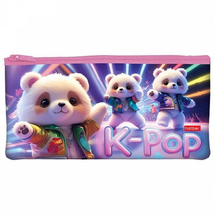 Пенал-косметичка 1 отделение плоский (Hatber) K-pop мишки мягкий 205х110мм арт. NPk_63200