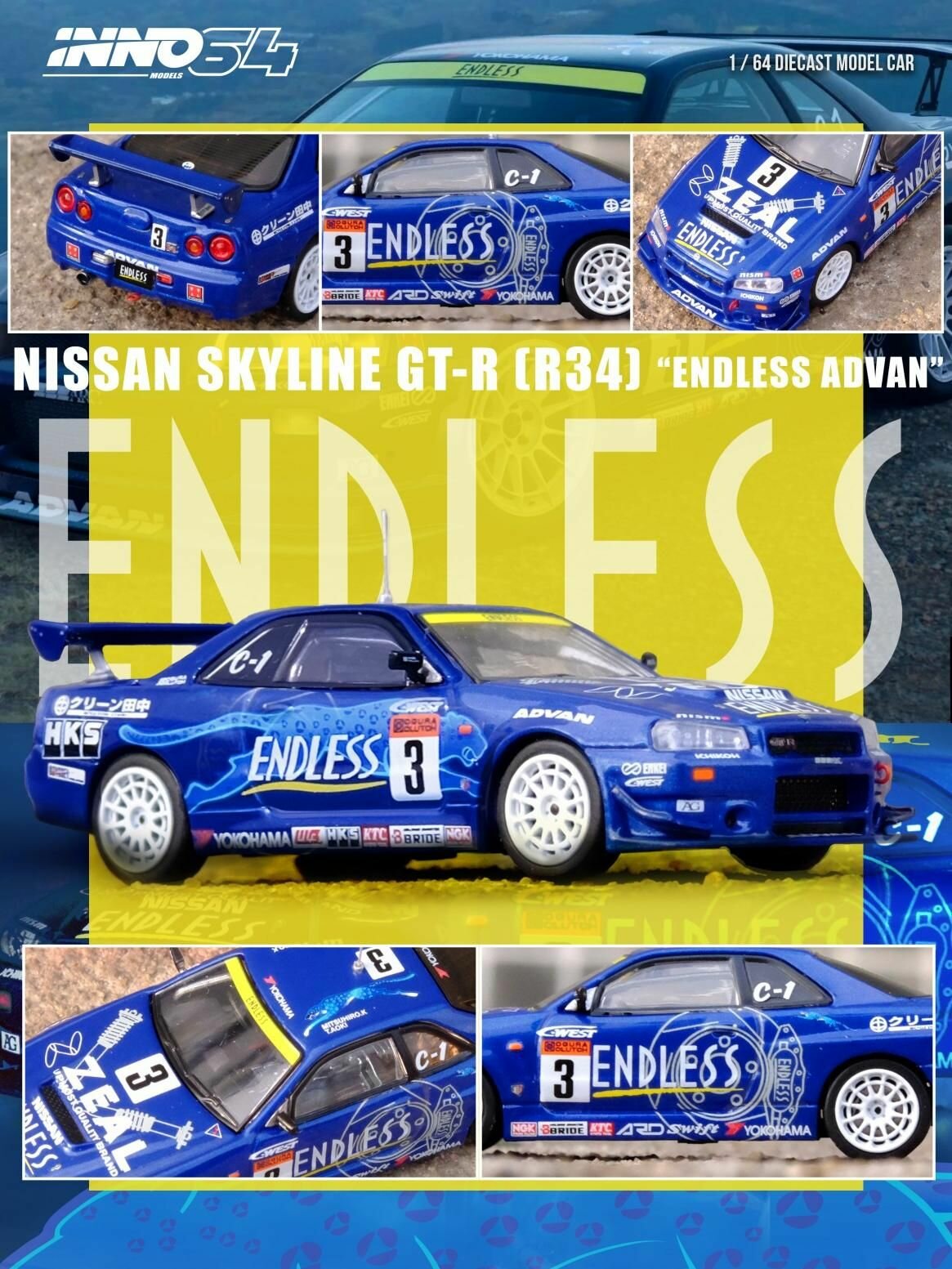 Машинка INNO 1/64 NISSAN SKYLINE GT-R (R34) #3 ENDLESS ADVAN 2002 IN64-R34-STS02W Die-cast Alloy Model Collection Gift