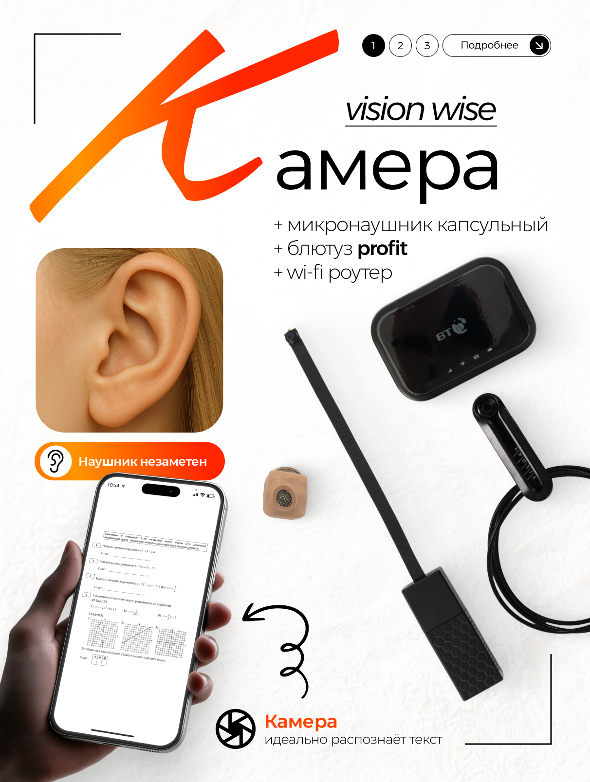 Микрокамера Vision Wise + Wi-Fi роутер + микронаушник 6 мм + блютуз Profit