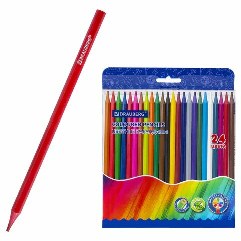Карандаши цветные BRAUBERG, 24 цвета, цветной корпус, ПВХ-бокс, шестигранные, 182068