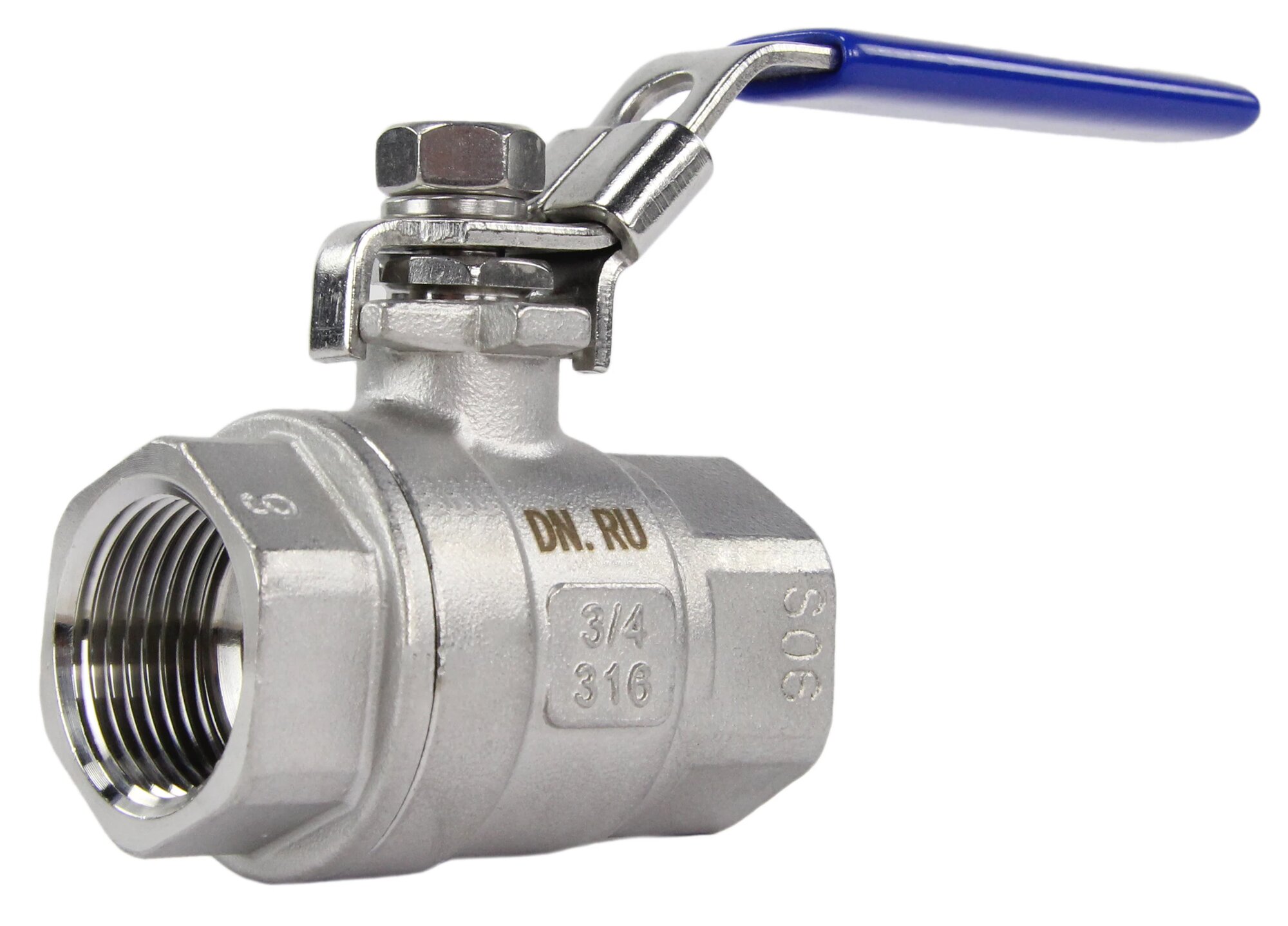 Кран шаровой DN.ru кшмп.316.230 3/4ʺ Ду20 Ру63 полнопроходной двухходовой, нержавеющая сталь SS316, внутренняя резьба, уплотнение - PTFE, ручка-рычаг